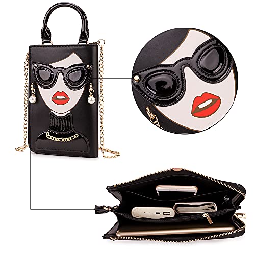 ENJOININ Women Novelty Lady Face Shoulder Bags Funky PU Leather Top Handle Satchel Handbags Clutch Purse for Women (black-1A)