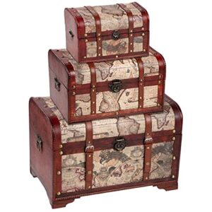 juvale set of 3 wooden storage chest & vintage trunks, victorian map print (large, medium & small)