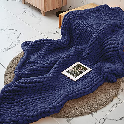 EASTSURE Chunky Knit Blanket Sofa Throw Hand-Made Super Large Bulky Chair Mat Rug,Navy,60"x80"