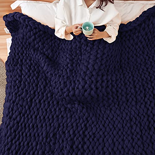 EASTSURE Chunky Knit Blanket Sofa Throw Hand-Made Super Large Bulky Chair Mat Rug,Navy,60"x80"