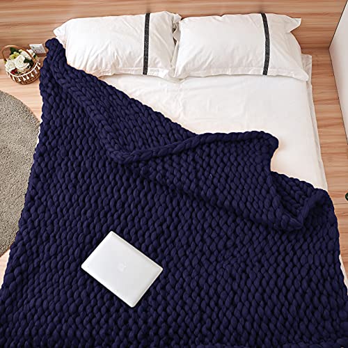 EASTSURE Chunky Knit Blanket Sofa Throw Hand-Made Super Large Bulky Chair Mat Rug,Navy,60"x80"