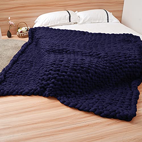 EASTSURE Chunky Knit Blanket Sofa Throw Hand-Made Super Large Bulky Chair Mat Rug,Navy,60"x80"