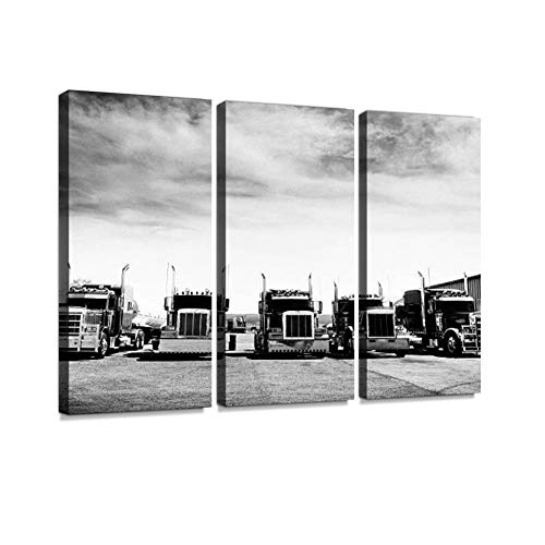 Trucks Convoy, California Black And White Print On Canvas Wall Artwork Modern Photography Home Decor Unique Pattern Stretched and Framed 3 piece