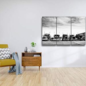 Trucks Convoy, California Black And White Print On Canvas Wall Artwork Modern Photography Home Decor Unique Pattern Stretched and Framed 3 piece