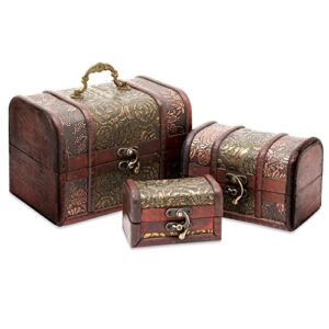 set of 3 small wooden treasure chest boxes with flower motif, decorative vintage style trunks for jewelry keepsakes (3 sizes)