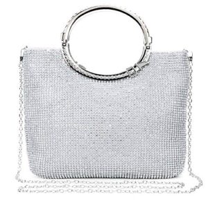 UBORSE Rhinestones Crystal Clutch Evening Bags for Women Ring Handle Wedding Party Clutch Purses Cocktail Prom Handbags Silver