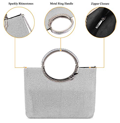 UBORSE Rhinestones Crystal Clutch Evening Bags for Women Ring Handle Wedding Party Clutch Purses Cocktail Prom Handbags Silver