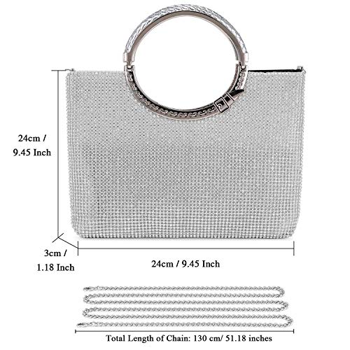 UBORSE Rhinestones Crystal Clutch Evening Bags for Women Ring Handle Wedding Party Clutch Purses Cocktail Prom Handbags Silver