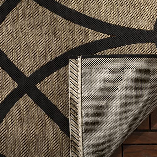 Martha Stewart by SAFAVIEH Collection 2'7" x 5' Dark Beige/Black MSR4121H Fretwork Indoor/ Outdoor Waterproof Easy-Cleaning Patio Backyard Mudroom Area-Rug