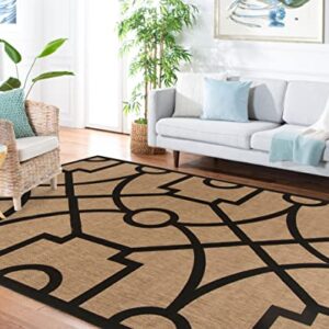 Martha Stewart by SAFAVIEH Collection 2'7" x 5' Dark Beige/Black MSR4121H Fretwork Indoor/ Outdoor Waterproof Easy-Cleaning Patio Backyard Mudroom Area-Rug