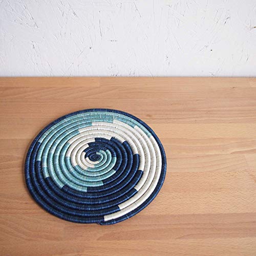 African Woven Trivet- Rususa/Rwanda Trivet/Sisal & Sweetgrass/Blues, White