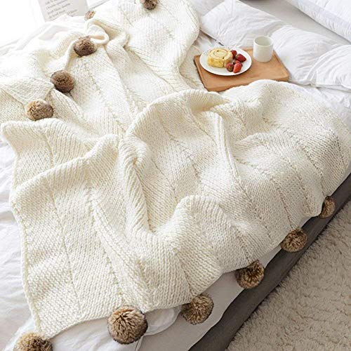 DONEUS Pom Pom Throw Blanket, Off-White Microfiber Soft Warm Handmade Knit Throw Blankets for Couch, Sofa, Chair, Office Travel Lightweight Bed Blanket - 51"x63"