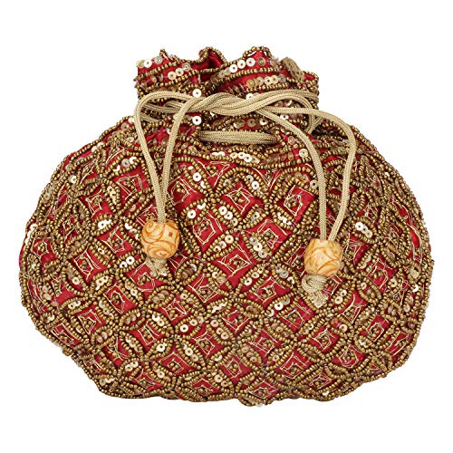 Suman Enterprises Indian Sequence Potli Bag For Women, Wedding Purse/Jewelry Purse for Women (Base Color- Maroon)