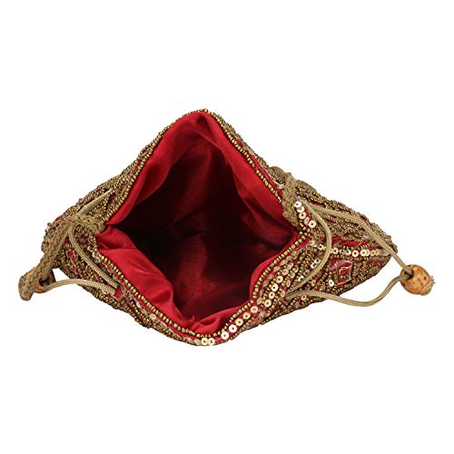 Suman Enterprises Indian Sequence Potli Bag For Women, Wedding Purse/Jewelry Purse for Women (Base Color- Maroon)