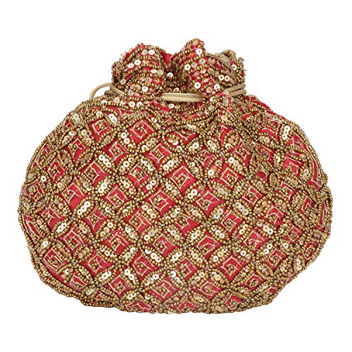 Suman Enterprises Indian Sequence Potli Bag For Women, Wedding Purse/Jewelry Purse for Women (Base Color- Maroon)