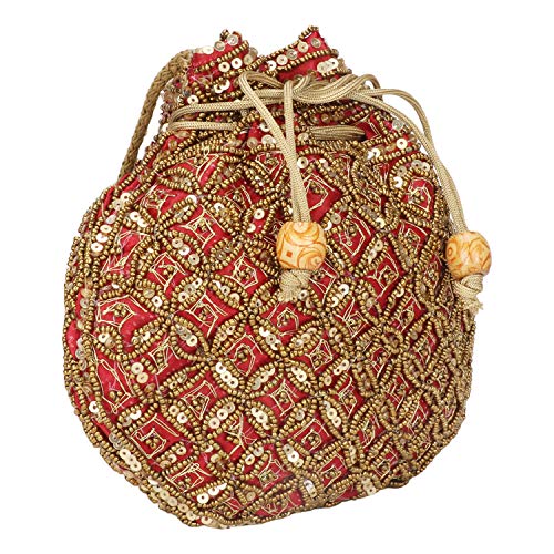 Suman Enterprises Indian Sequence Potli Bag For Women, Wedding Purse/Jewelry Purse for Women (Base Color- Maroon)