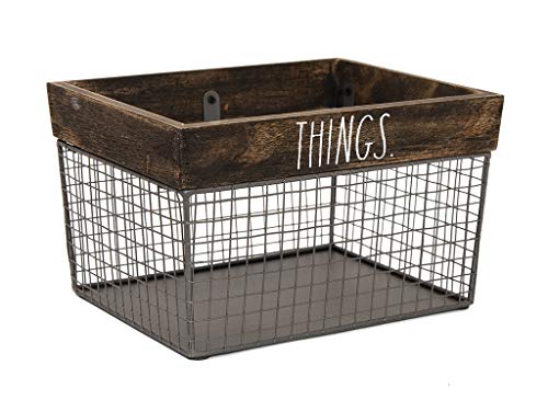 Rae Dunn by Designstyles Wire Storage Basket – Metal and Solid Wood Organizer – Decorative Folder Bin - for Office, Bedroom, Living Room, Closet and More