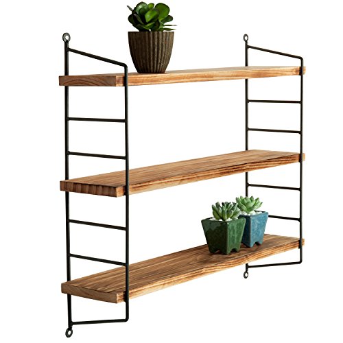 MyGift 23-Inch Modern Floating Shelves Industrial Metal and Rustic Burnt Brown Wood Adjustable Wall Mounted 3-Tier Display Shelf Unit Rack