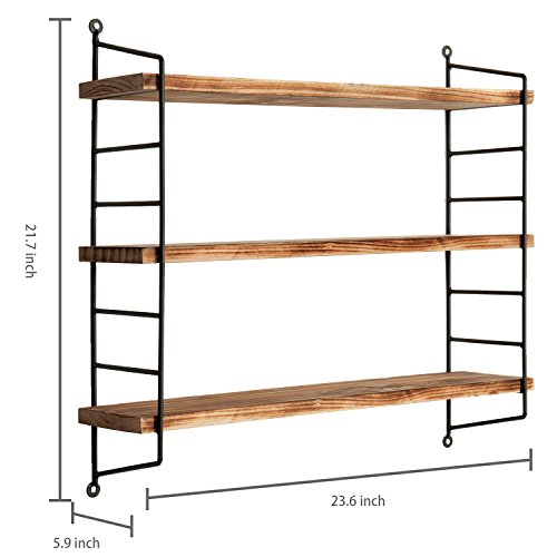 MyGift 23-Inch Modern Floating Shelves Industrial Metal and Rustic Burnt Brown Wood Adjustable Wall Mounted 3-Tier Display Shelf Unit Rack