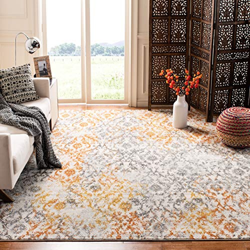 SAFAVIEH Madison Collection 6'7" x 9'2" Cream / Orange MAD608K Boho Chic Distressed Non-Shedding Living Room Bedroom Dining Home Office Area Rug