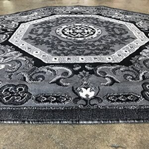 Carpet King Traditional Persian Oriental Octagon Area Rug Grey Black Silver Gray Design 101 ( 7 Feet 3 Inch X 7 Feet 3 Inch )