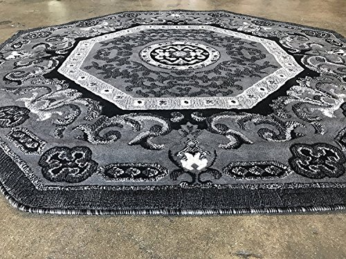 Carpet King Traditional Persian Oriental Octagon Area Rug Grey Black Silver Gray Design 101 ( 7 Feet 3 Inch X 7 Feet 3 Inch )