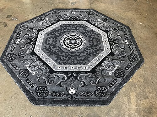 Carpet King Traditional Persian Oriental Octagon Area Rug Grey Black Silver Gray Design 101 ( 7 Feet 3 Inch X 7 Feet 3 Inch )