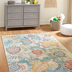 Unique Loom Positano Collection Coastal Modern Turtles Beige Area Rug (5' x 8')