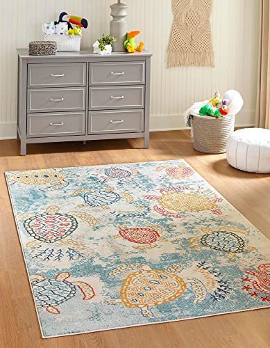 Unique Loom Positano Collection Coastal Modern Turtles Beige Area Rug (5' x 8')