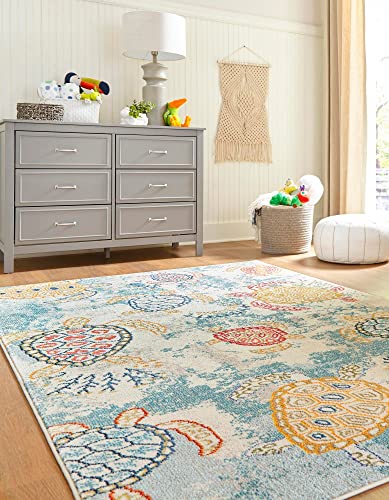 Unique Loom Positano Collection Coastal Modern Turtles Beige Area Rug (5' x 8')