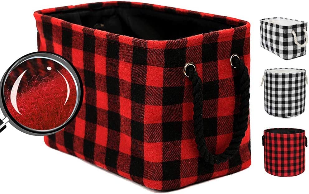 Rectangular Open Storage Baskets Cubes Decorative Home Organizer Containers with Cotton Rope Handles Stylish Storage Solution for Home or Office, Red Black Grid, M