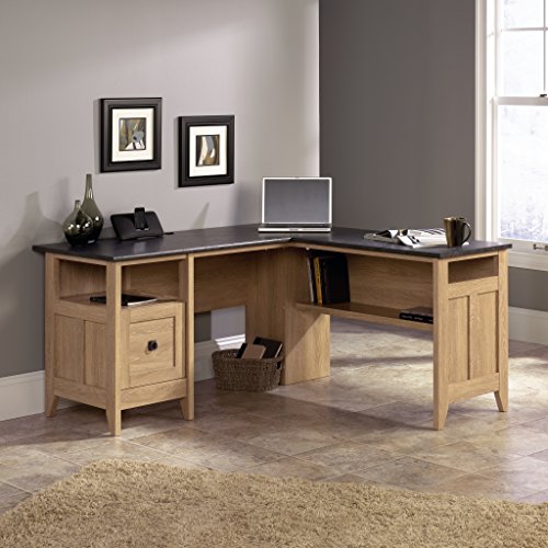 Sauder August Hill L-Shaped Desk, Dover Oak finish, L: 59.06" x W: 58.74" x H: 29.25"