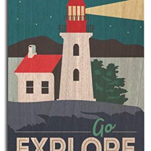 Sandy Hook, New Jersey, Go Explore, Lighthouse, Vector Style Birch Wood Wall Sign (10x15 Rustic Home Decor, Ready to Hang Art)