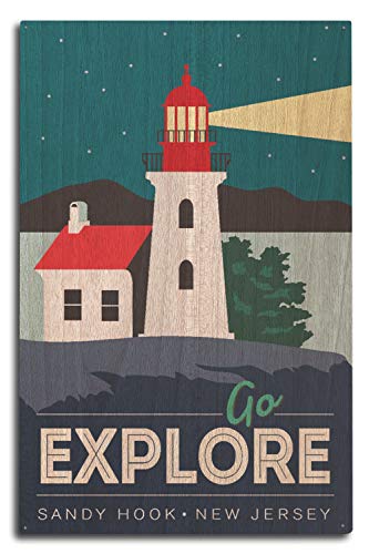 Sandy Hook, New Jersey, Go Explore, Lighthouse, Vector Style Birch Wood Wall Sign (10x15 Rustic Home Decor, Ready to Hang Art)