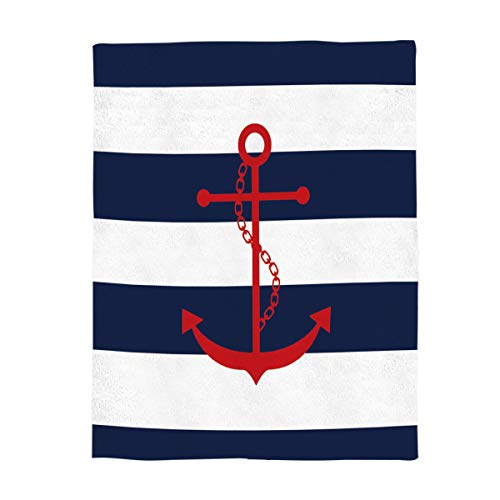 Flannel Fleece Bed Blanket Soft Throw-blankets Home Decor,Nautical Red Anchor Navy Blue and White Horizontal Stripes,Lightweight Cozy Plush Blankets for Bedroom Living Room Sofa Couch,49 x 59 Inch