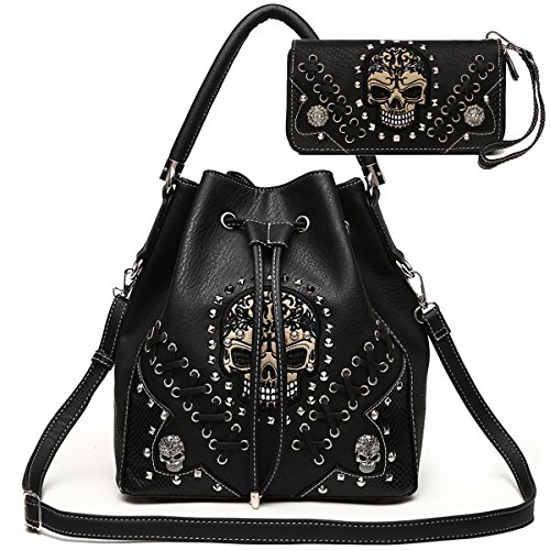 Sugar Skull Punk Art Rivet Studded Concealed Carry Purse Women Handbag Fashion Shoulder Bag Wallet Set (Black Set)