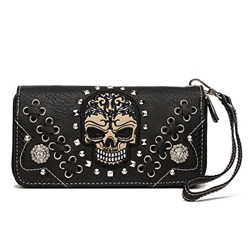 Sugar Skull Punk Art Rivet Studded Concealed Carry Purse Women Handbag Fashion Shoulder Bag Wallet Set (Black Set)