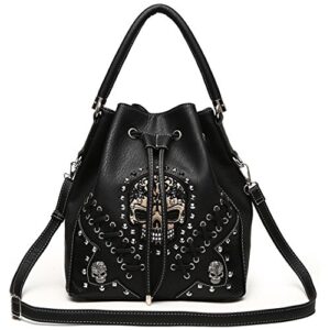 Sugar Skull Punk Art Rivet Studded Concealed Carry Purse Women Handbag Fashion Shoulder Bag Wallet Set (Black Set)