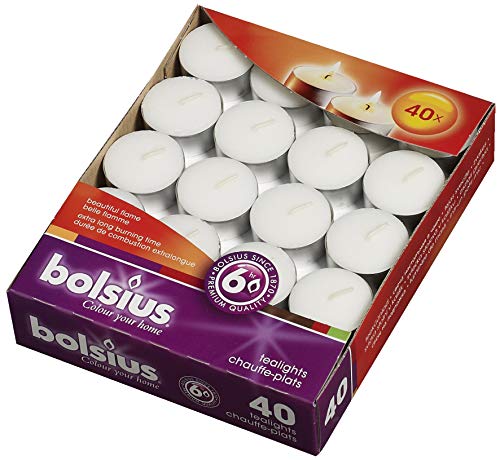 BOLSIUS 40 Pack Unscented Tea Lights - 6 Hours - Premium European Quality - Consistent Smokeless Flame - 100% Cotton Wick - Dinner, Wedding, Party, Restaurant, Spa, Church, & Home Décor Tealights