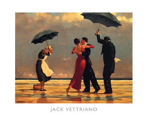 The Singing Butler Jack Vettriano Umbrella Love Dancing Beach Rain, Overall Size: 19.75x15.75, Image Size: 18.5x13.5