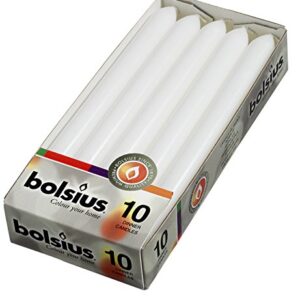 BOLSIUS White Dinner Candles - 10 Pack Unscented 9 Inch Straight Taper Candle Set - 8 Hour Burn Time - Premium European Quality - Smokeless And Dripless Household, Spa, Wedding, And Party Candlesticks