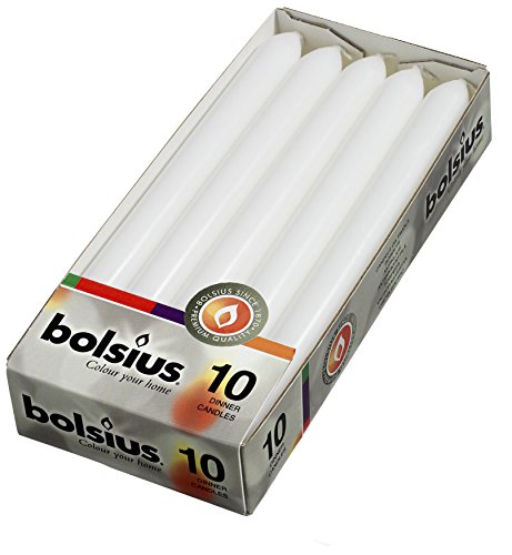 BOLSIUS White Dinner Candles - 10 Pack Unscented 9 Inch Straight Taper Candle Set - 8 Hour Burn Time - Premium European Quality - Smokeless And Dripless Household, Spa, Wedding, And Party Candlesticks