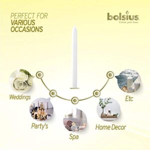 BOLSIUS White Dinner Candles - 10 Pack Unscented 9 Inch Straight Taper Candle Set - 8 Hour Burn Time - Premium European Quality - Smokeless And Dripless Household, Spa, Wedding, And Party Candlesticks