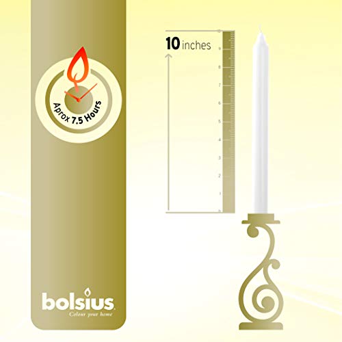 BOLSIUS White Dinner Candles - 10 Pack Unscented 9 Inch Straight Taper Candle Set - 8 Hour Burn Time - Premium European Quality - Smokeless And Dripless Household, Spa, Wedding, And Party Candlesticks