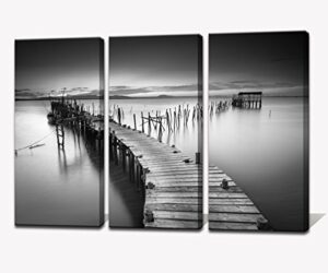 noah art-modern ocean art canvas prints, a peaceful ancient pier seascape canvas art black and white landscape paintings on canvas, 3 panel beach art decor framed living room wall art for home decor, 14x28inch x 3 pcs