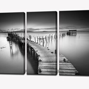 Noah Art-Modern Ocean Art Canvas Prints, A Peaceful Ancient Pier Seascape Canvas Art Black and White Landscape Paintings on Canvas, 3 Panel Beach Art Decor Framed Living Room Wall Art for Home Decor, 14x28inch x 3 pcs