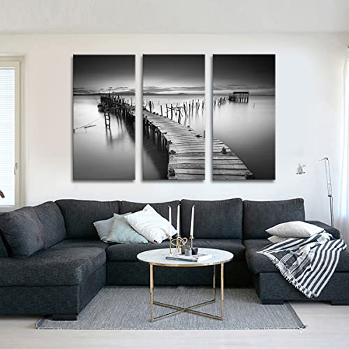 Noah Art-Modern Ocean Art Canvas Prints, A Peaceful Ancient Pier Seascape Canvas Art Black and White Landscape Paintings on Canvas, 3 Panel Beach Art Decor Framed Living Room Wall Art for Home Decor, 14x28inch x 3 pcs