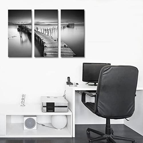 Noah Art-Modern Ocean Art Canvas Prints, A Peaceful Ancient Pier Seascape Canvas Art Black and White Landscape Paintings on Canvas, 3 Panel Beach Art Decor Framed Living Room Wall Art for Home Decor, 14x28inch x 3 pcs