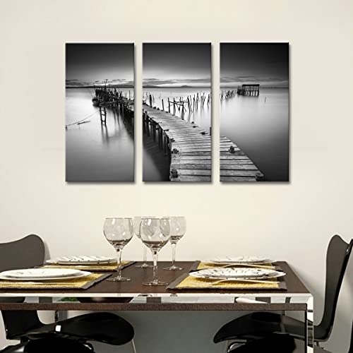 Noah Art-Modern Ocean Art Canvas Prints, A Peaceful Ancient Pier Seascape Canvas Art Black and White Landscape Paintings on Canvas, 3 Panel Beach Art Decor Framed Living Room Wall Art for Home Decor, 14x28inch x 3 pcs