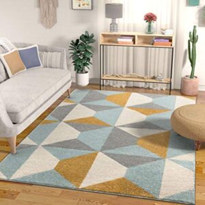 yara scandanavian abstract geometric blue & mustard yellow area rug 5×7 (5’3″ x 7’3″)